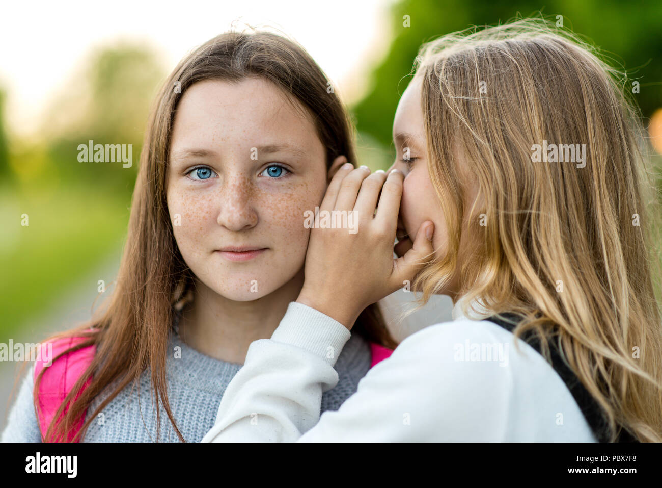 Zwei Mädchen Schülerin, im Sommer in einem Park in der Natur. Sie flüstert in mein Ohr. Das ...