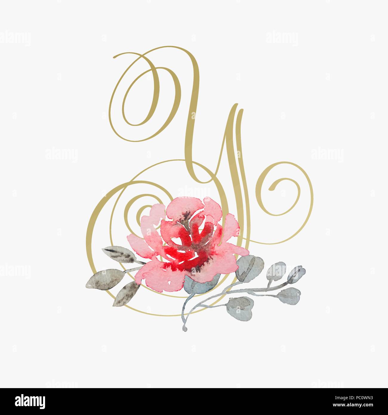 Golden Hand schrift Font mit handgefertigten Rose Blume, Kalligraphie ...