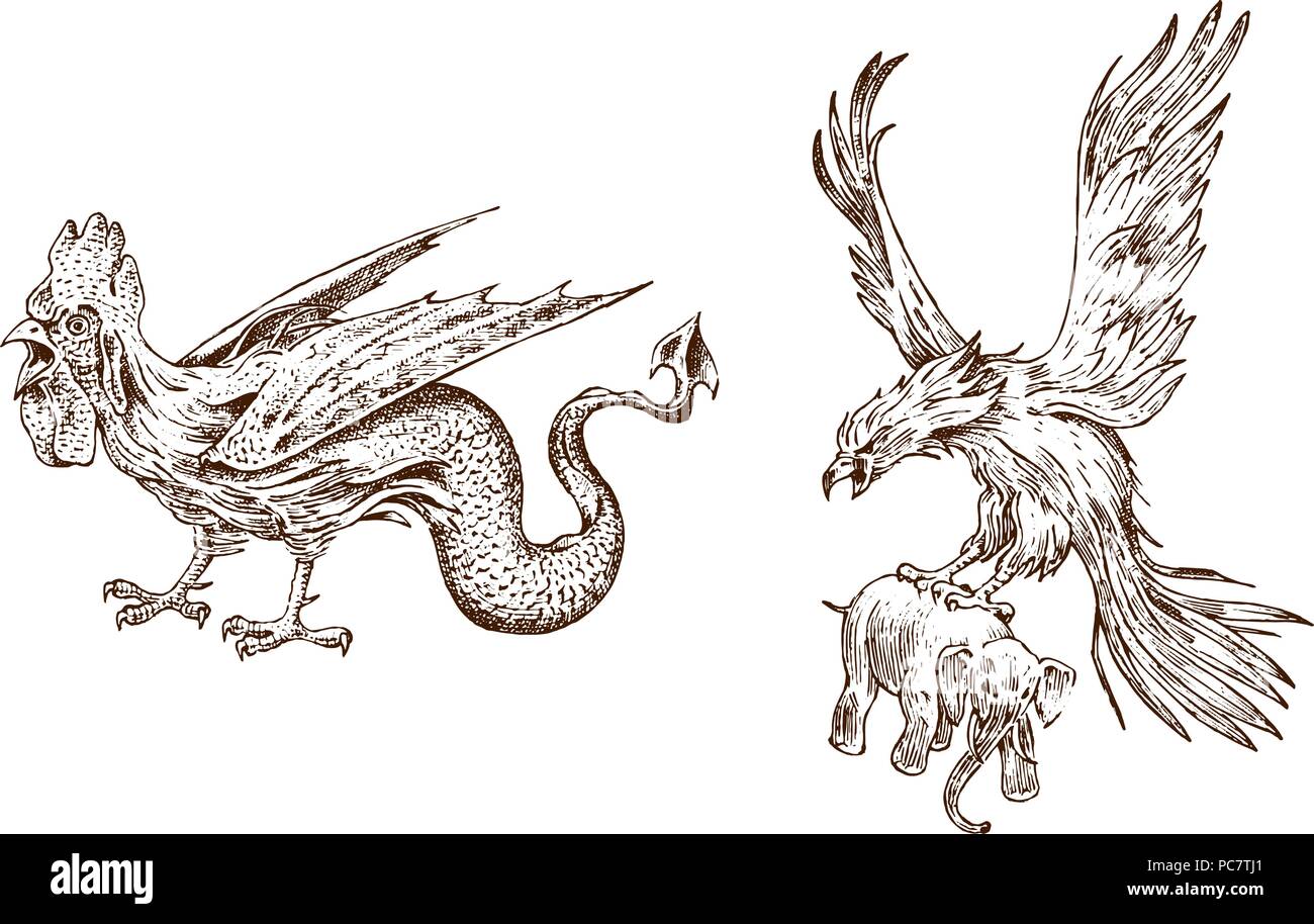 Mythischen Basilisken und antiken Roc. Der antiken Mythologie. Vögel ...
