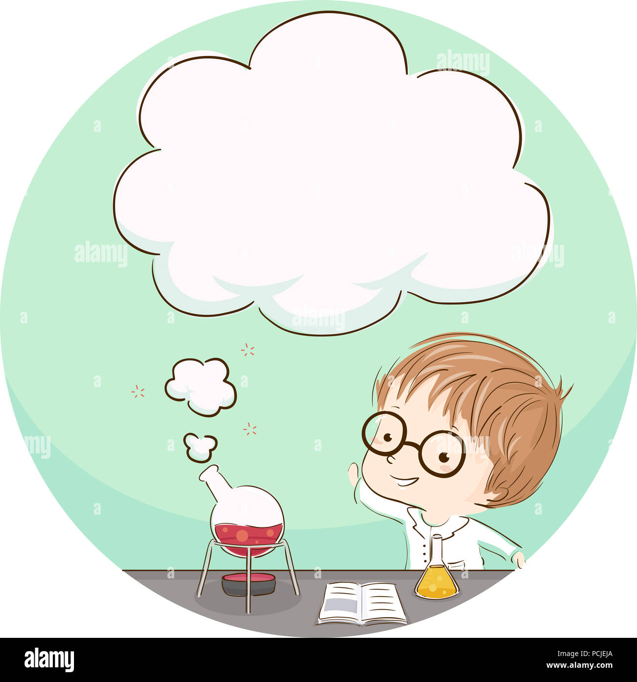 Abbildung: ein Kind Junge führen ein Experiment mit leeren Cloud kommen ...