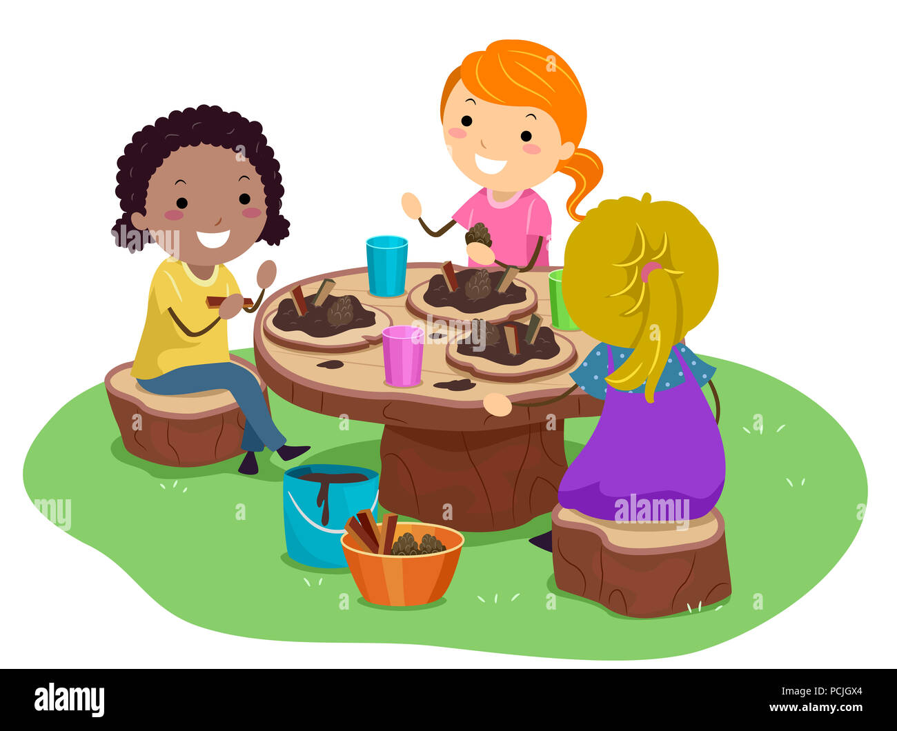 Abbildung: Stickman Kinder Mädchen im Garten spielen mit ihren Mud Pie ...