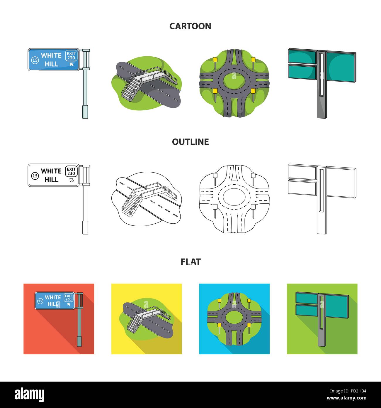 Hinweisschilder und andere Symbol im Cartoon, Outline, flacher Stil ...