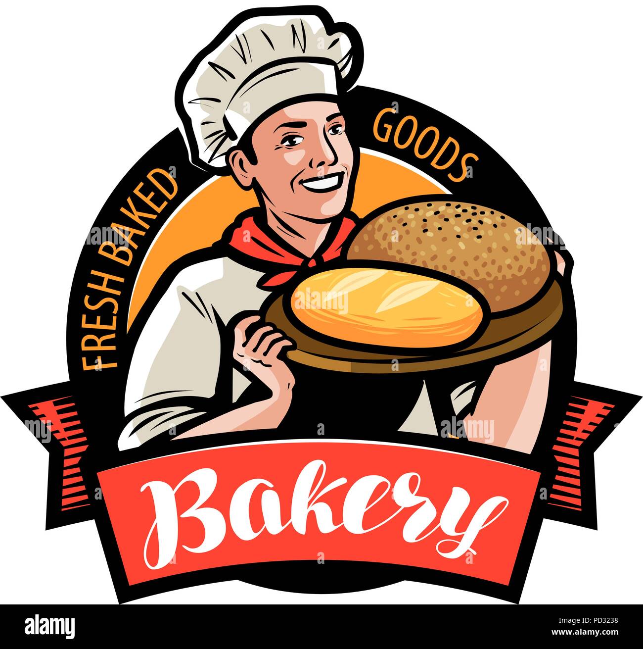 Bäckerei, backhaus Logo oder Label. Gerne Bäcker oder Koch mit Brot in ...