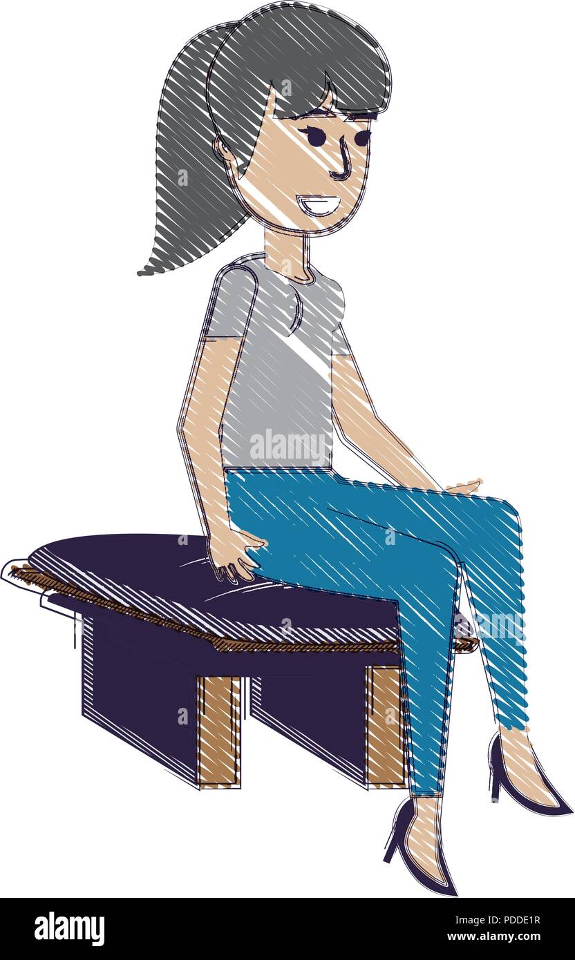 Cartoon designer Frau auf einer Bank sitzen auf weißem Hintergrund ...
