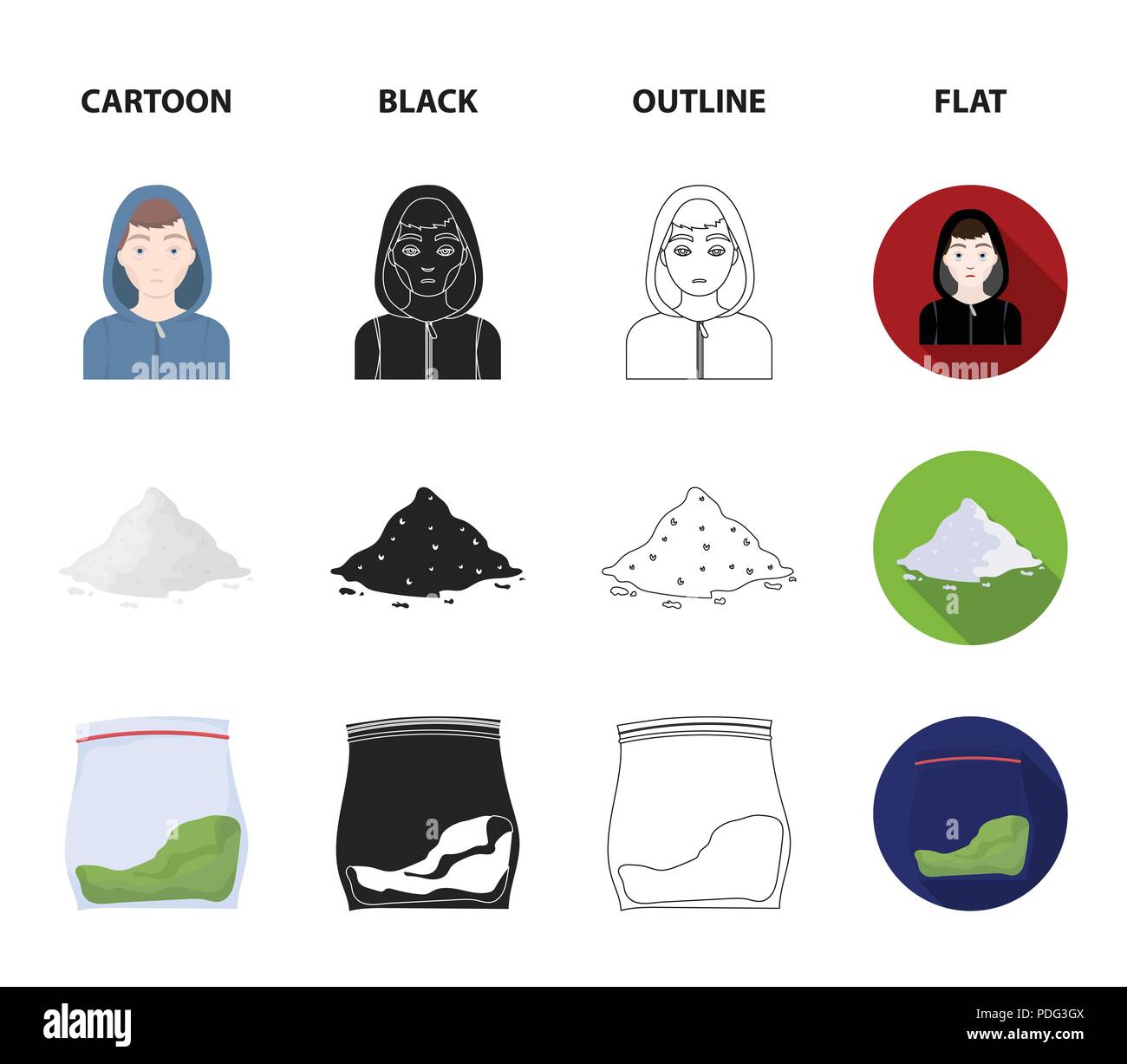 Süchtiger, Kokain, Marihuana, Leiche. Droge set Sammlung Icons im ...