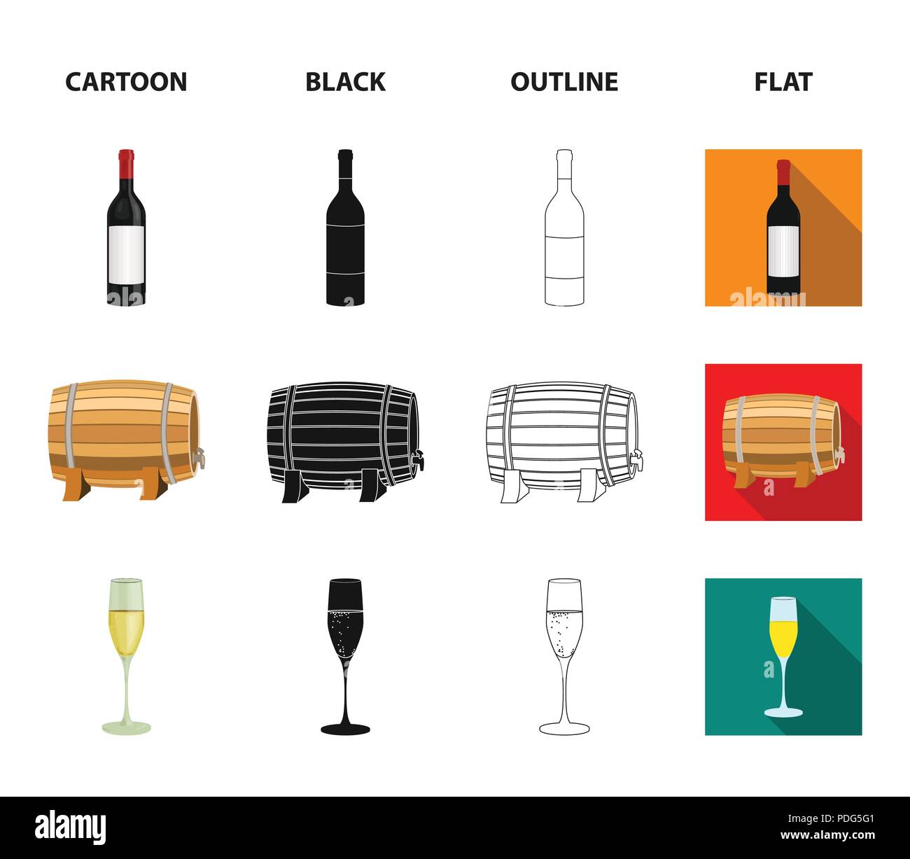 Eine Flasche Rotwein, ein Weinfass, ein Glas Champagner, ein Bündel ...