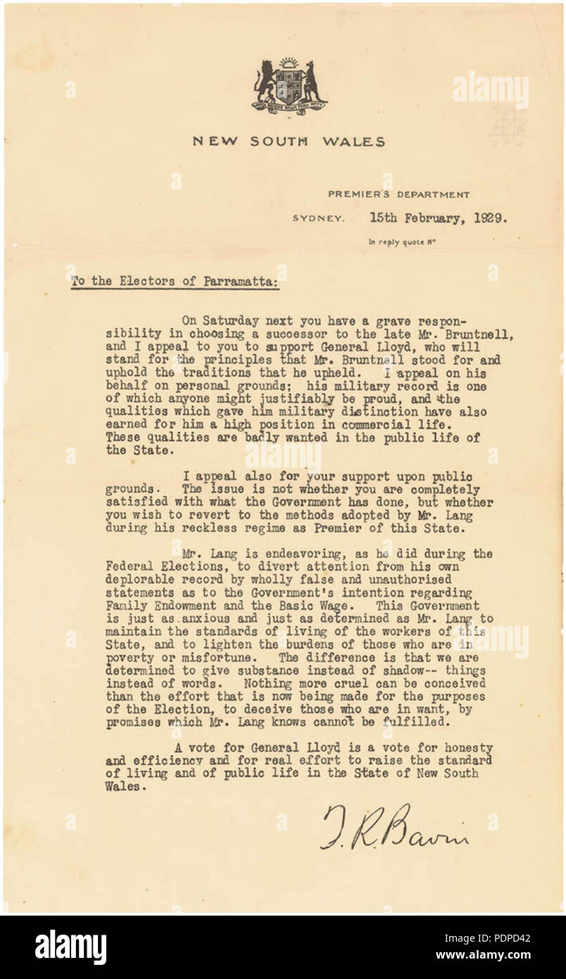 1 11. Sir Thomas Bavin - Rundschreiben, 15. Februar 1929, an den ...