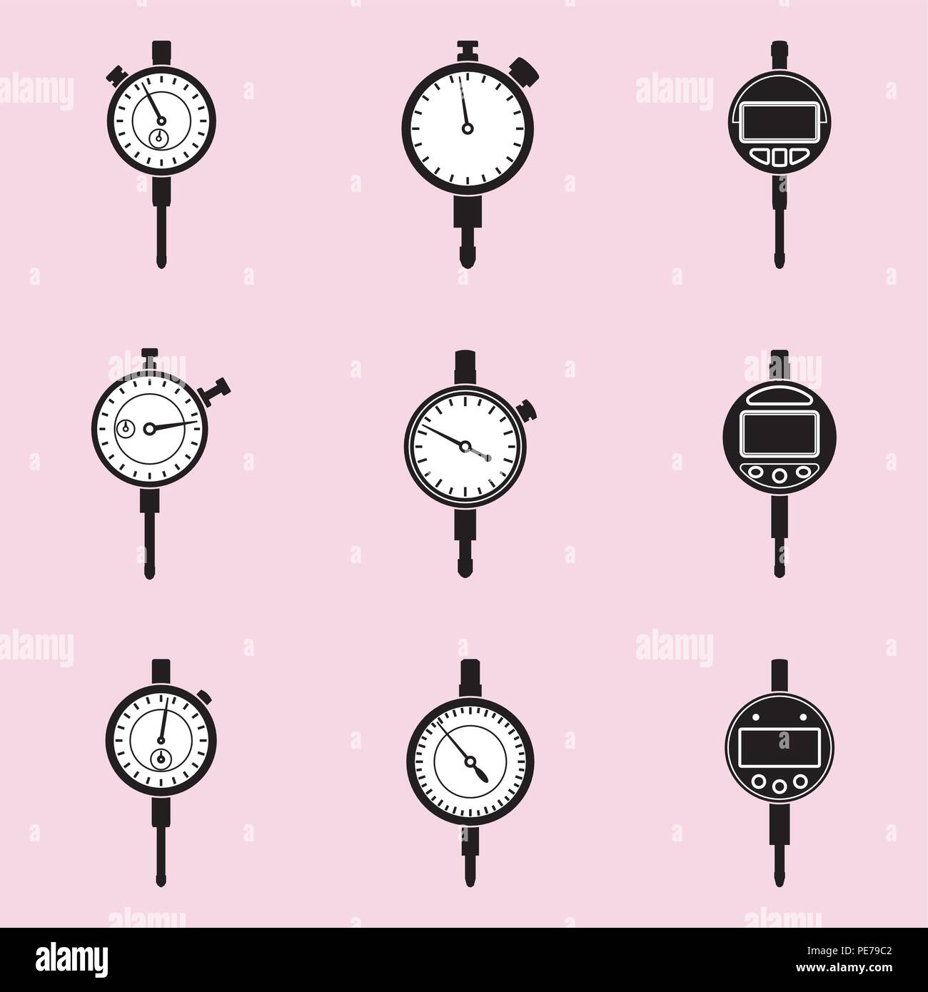 Maschinist Messwerkzeuge. Meßuhr Symbole auf rosa Hintergrund. Flache ...