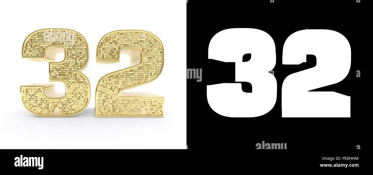 Goldene Zahl 32 (Nummer 32) auf weißem Hintergrund mit Schlagschatten ...