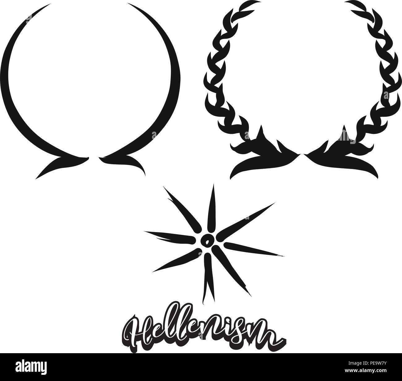 Satz von Hand gezeichnete Hellenismus Symbole. Verschiedene religiöse ...