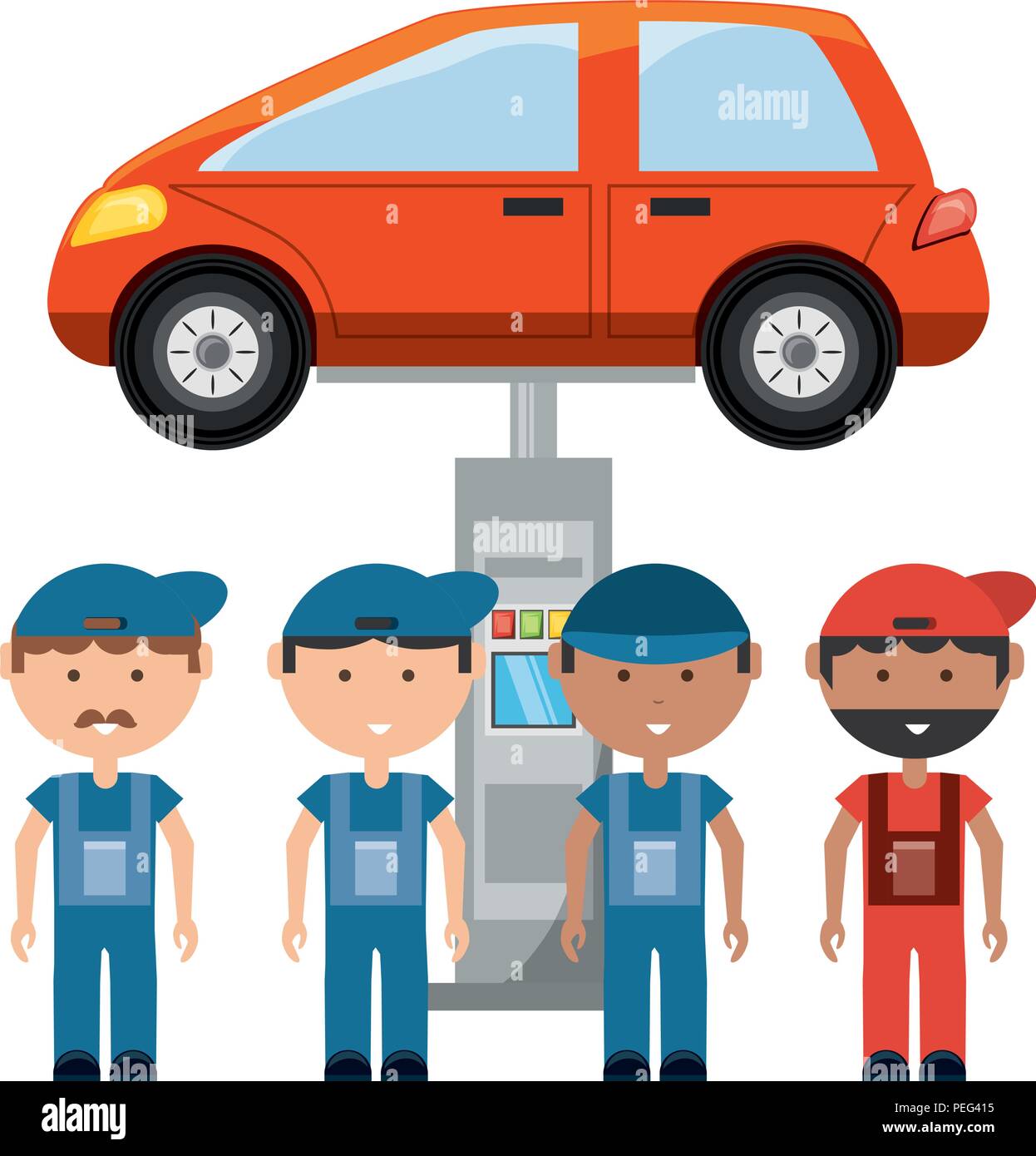 Cartoon Mechanik und hob das Fahrzeug auf weißem Hintergrund, Vector ...