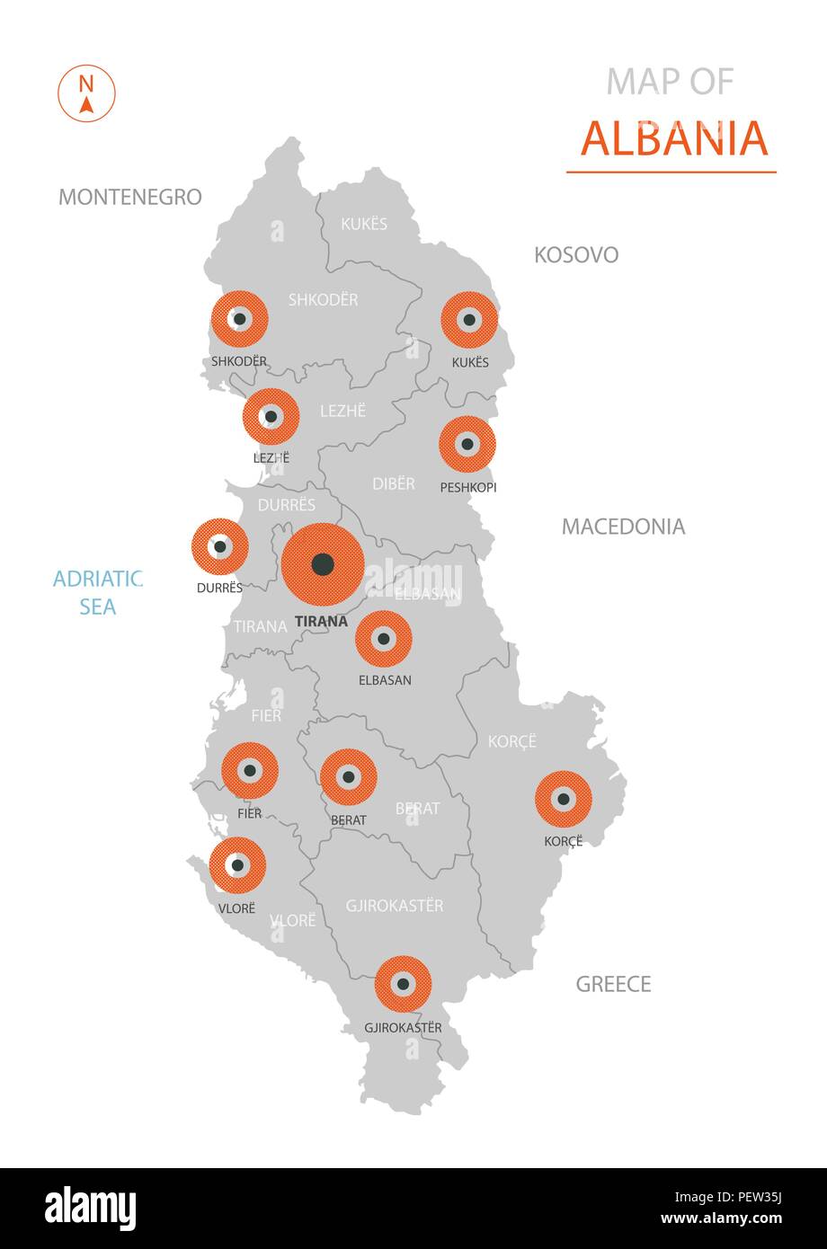 Stylized vector Albanien Karte der großen Städte, die Hauptstadt Tirana ...