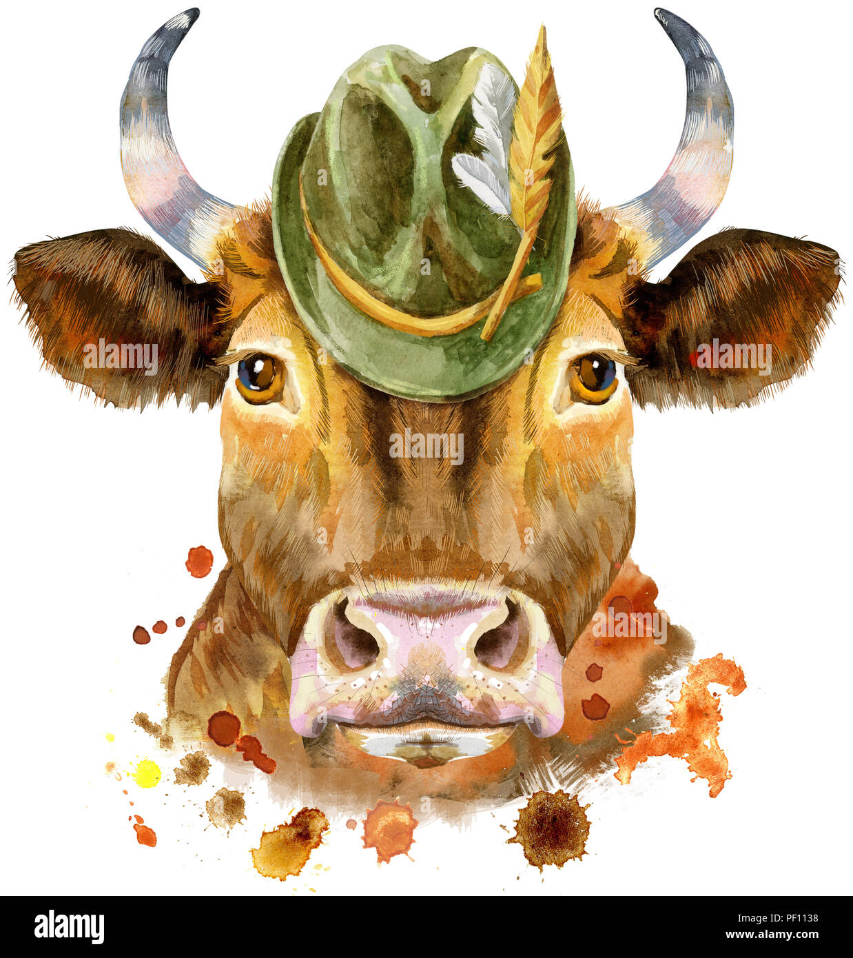 Stier aquarell Grafik. Stier Tier Abbildung mit splash Aquarell strukturierten Hintergrund ...