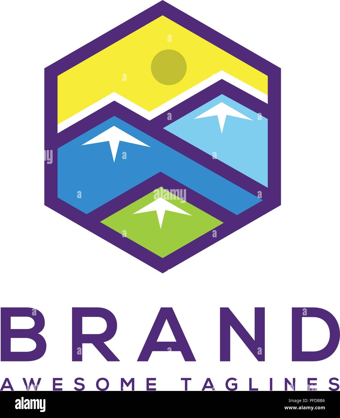 Einfache flache Vektor Logo farbig von Berg. Hexagon Abzeichen einfache ...