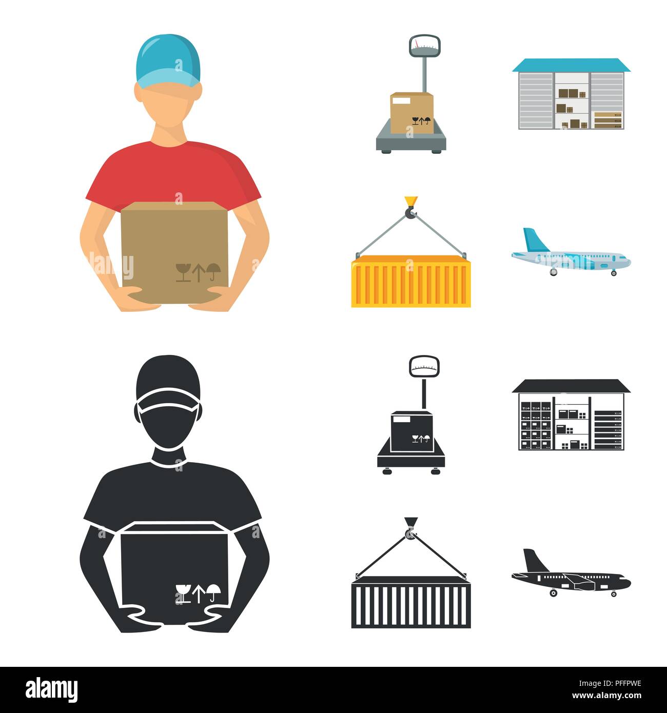 Kurier, Waagen, Container, Lager Logistik, Sammlung Icons im Cartoon ...