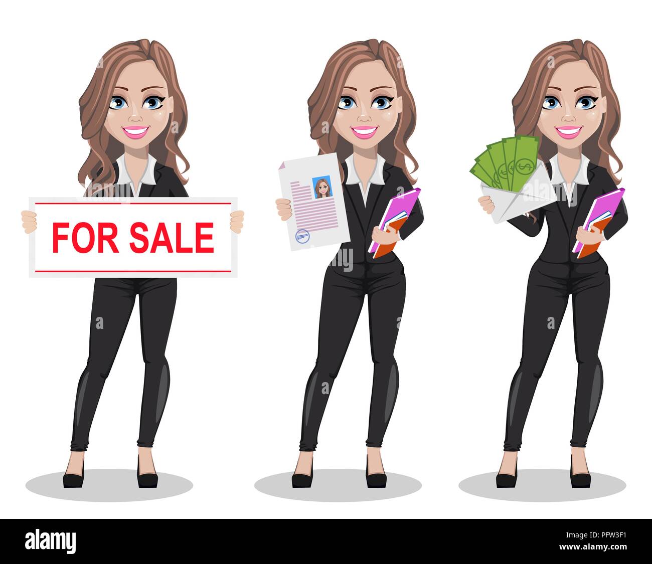 Immobilienmakler cartoon Charakter, von drei Posen. Schöne realtor Frau ...