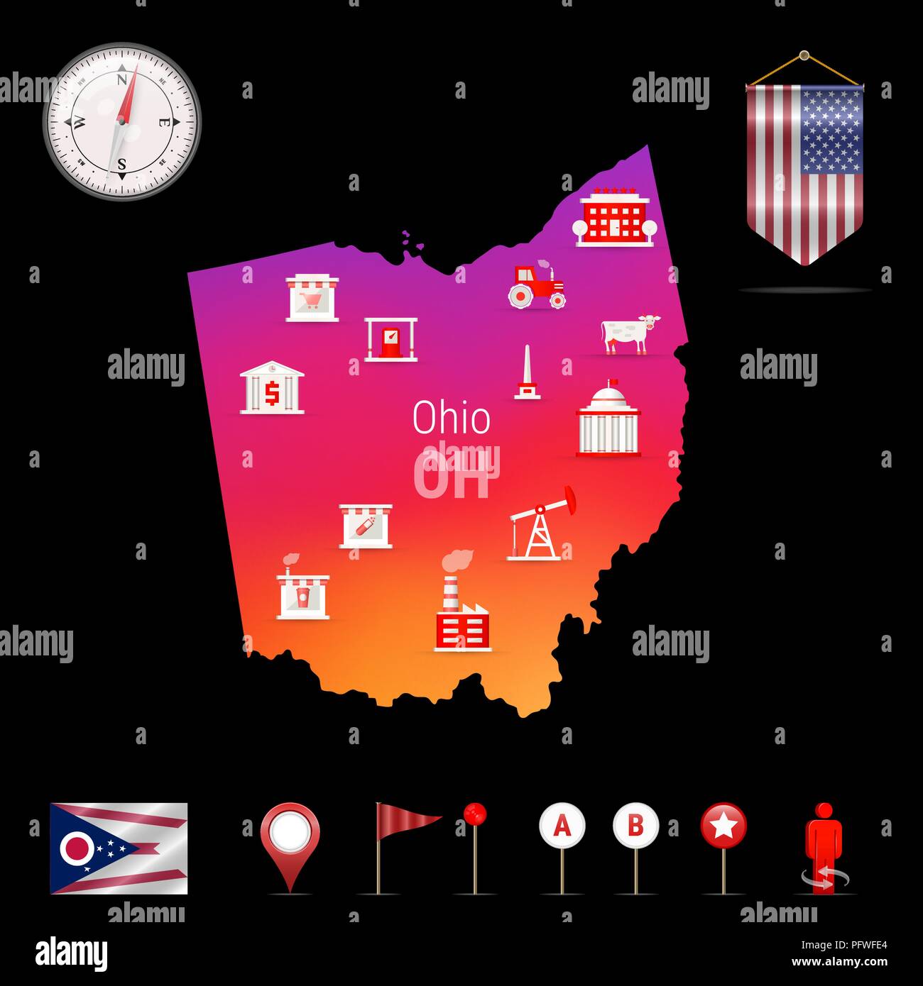 Ohio Vektorkarte, Nacht. Das Symbol Kompass, Karte Navigationselemente ...
