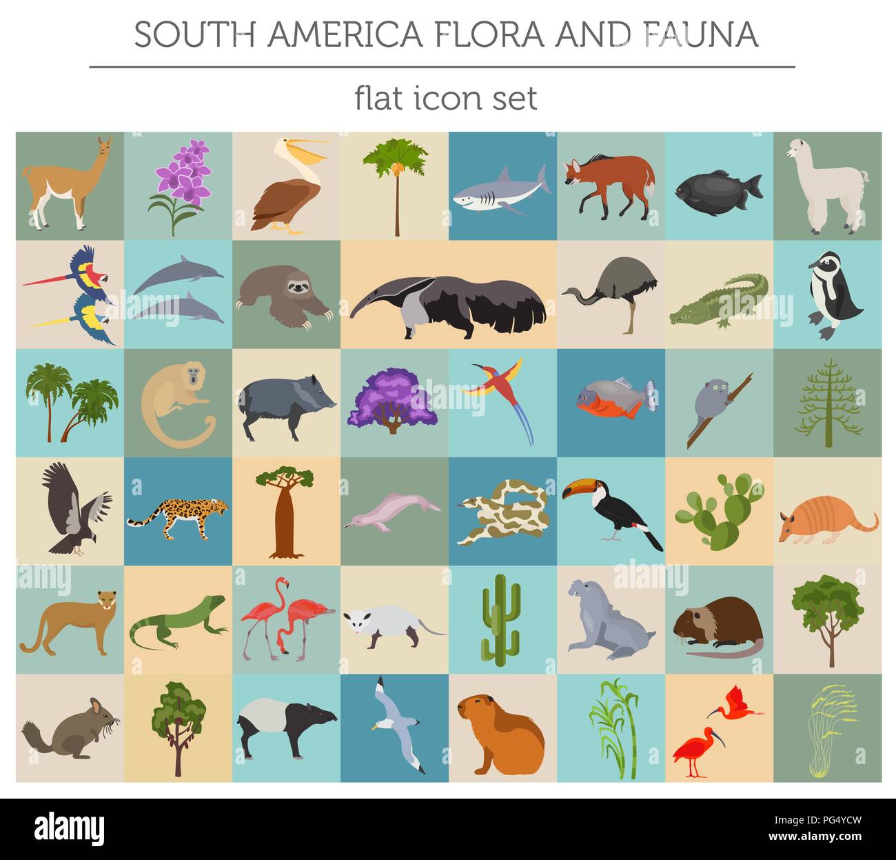 Südamerika Flora und Fauna flache Elemente. Tiere, Vögel und Sea Life ...