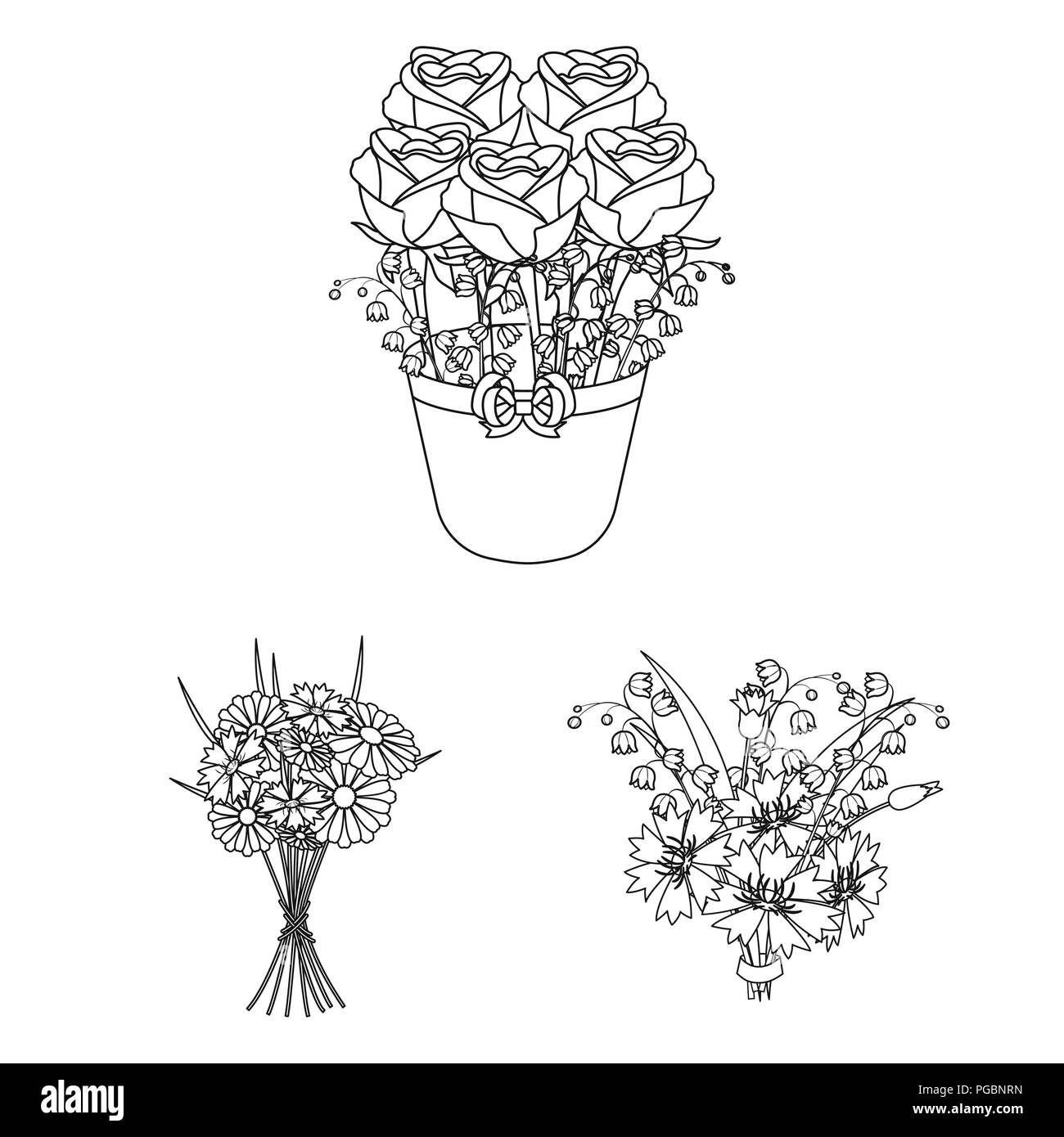 Ein Strauß frischer Blumen Umrisse Symbole im Set Sammlung für Design ...
