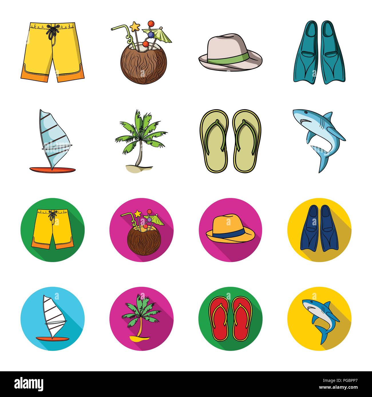 Vorstand mit einem Segel, eine Palme am Ufer, Hausschuhe, einen Weißen ...