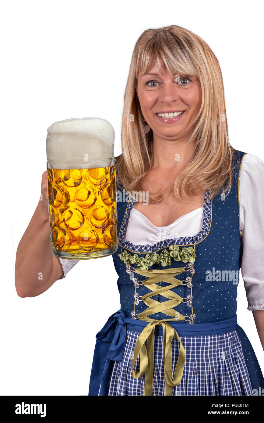 Frau in bayerischer Tracht Dirndl mit einem Krug Bier auf dem ...