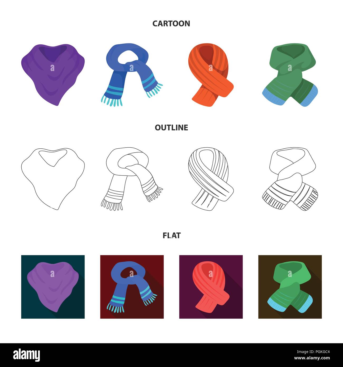 Verschiedene Arten von Schals, Tücher und Schals. Schals und Tücher set Sammlung Icons im ...