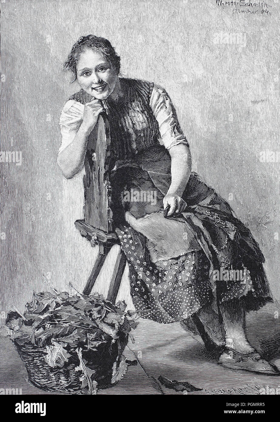 Bäuerin auf einem Stuhl sitzend nach einer Feier, in der es einen Korb ...