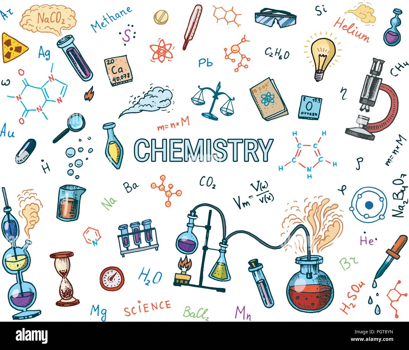 Chemie der Symbole festlegen. Schiefertafel mit Elemente, Formeln, Atom ...