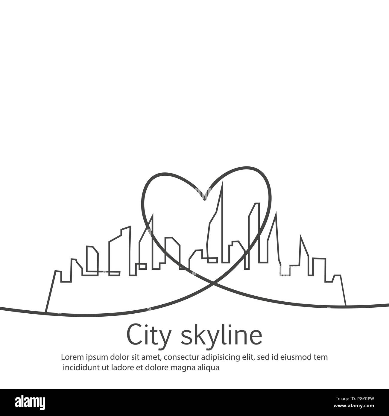 Silhouette der Stadt und das Herz und die Liebe in kontinuierlichen ... Silhouette der Stadt und das Herz und die Liebe in kontinuierlichen ...