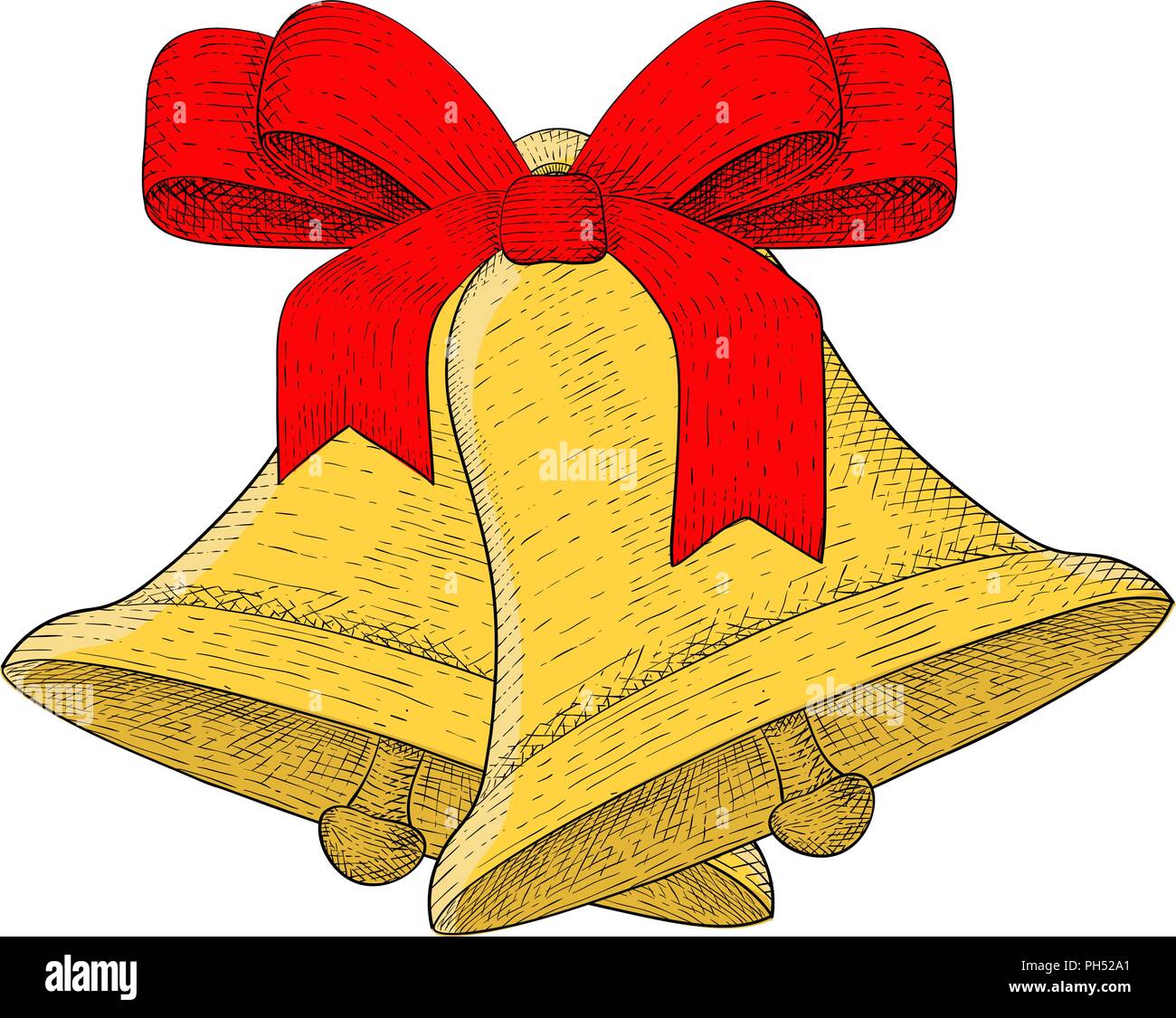 Goldenen Glocken mit roter Schleife. Hand Skizze gezeichnet Stock ...