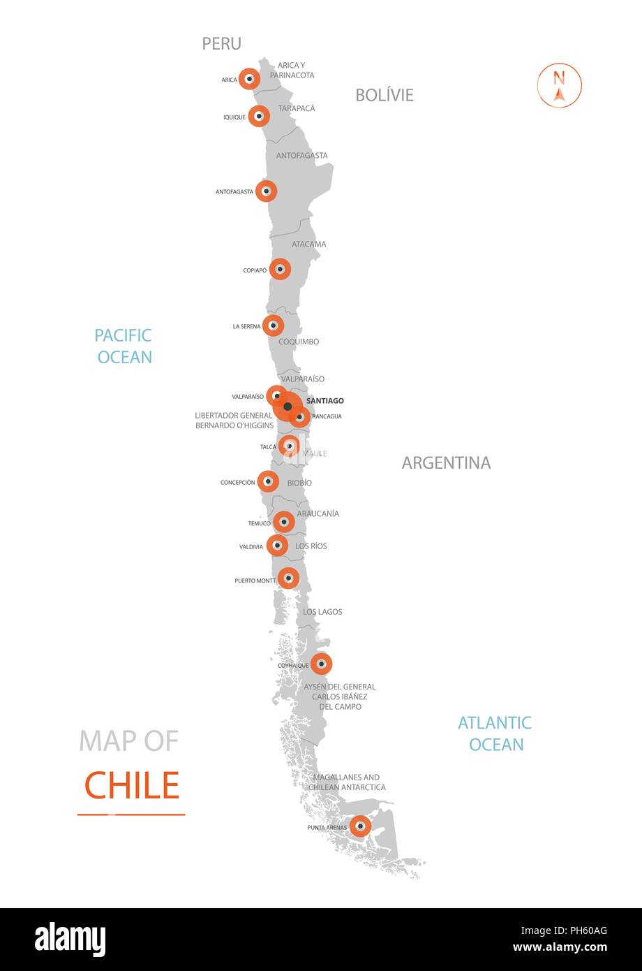 Stylized vector Chile Karte der großen Städte, die Hauptstadt Santiago ...