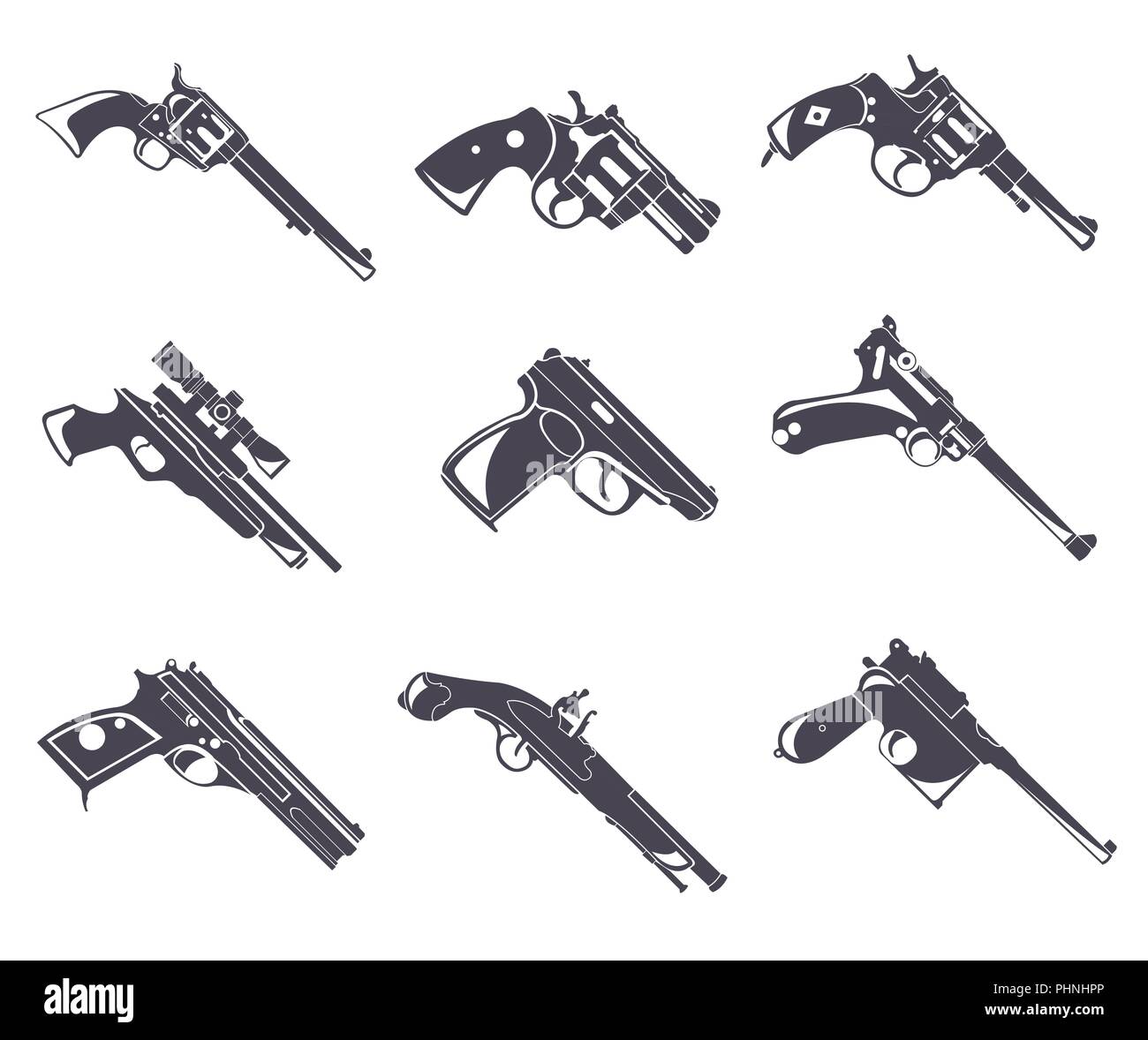 Feuerwaffe eingestellt. Gewehre, Pistolen, Revolver. Flache Bauform ...
