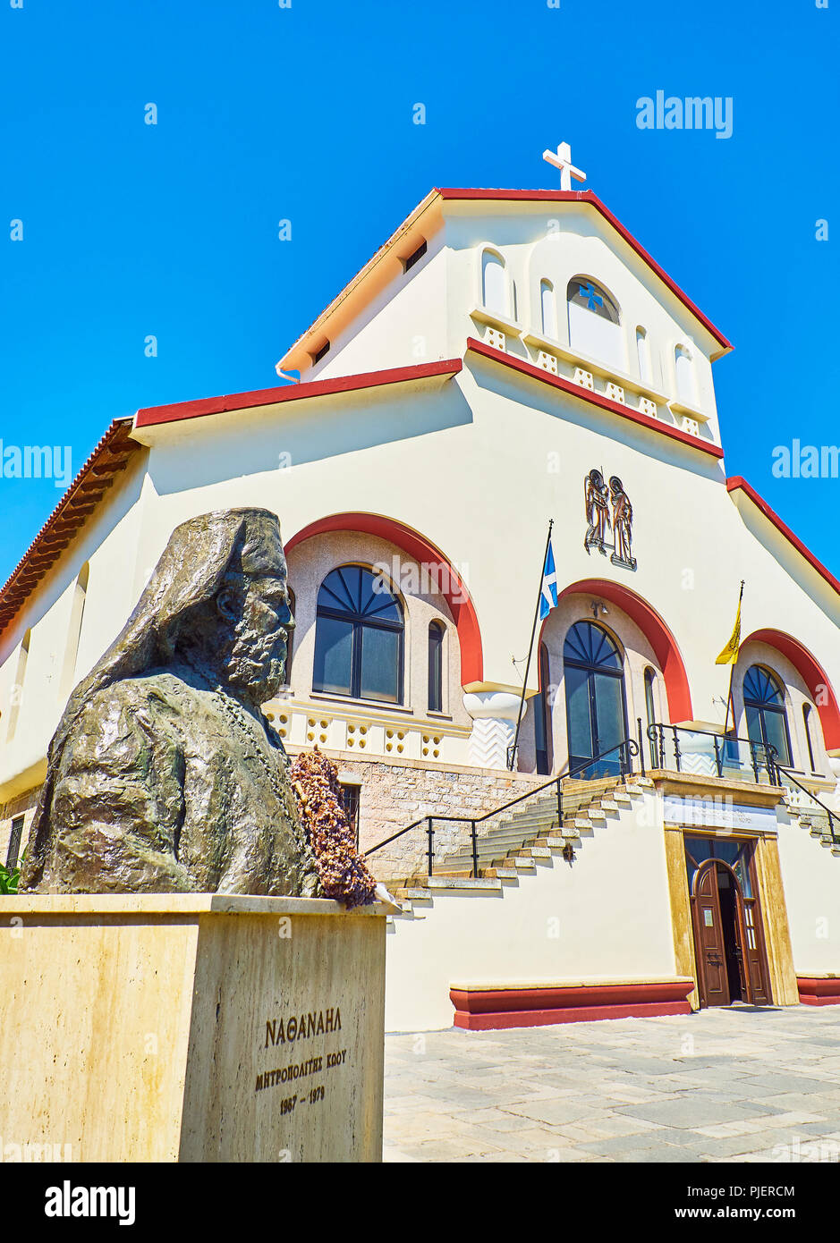 Kos, Griechenland - Juli 3, 2018. Principal Fassade der Kirche von ...