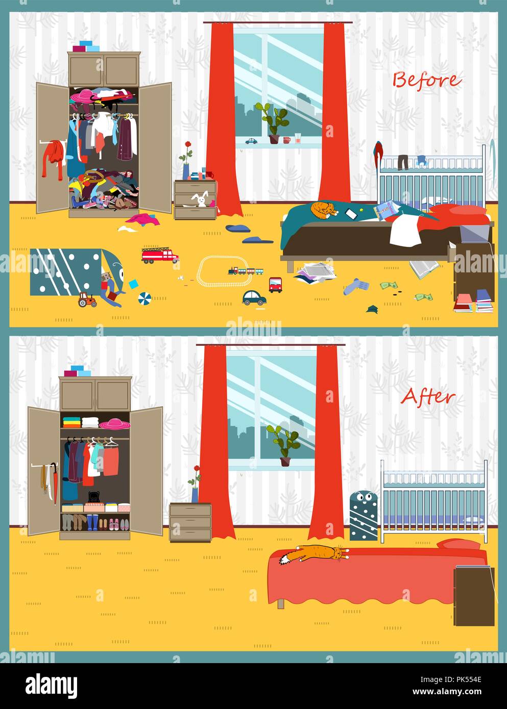 Dreckig und das Zimmer sauber. Störung im Innenraum. Zimmer vor und ...