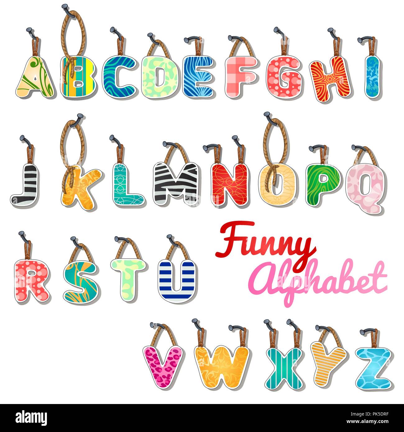 Die lustige Buchstaben des englischen Alphabets hängend auf Nägeln auf ...