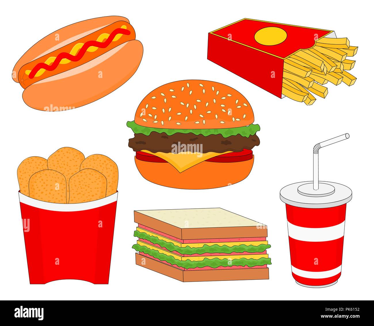 Lecker fast food Menü Icon Set isoliert, Illustration Cartoon Stock ...