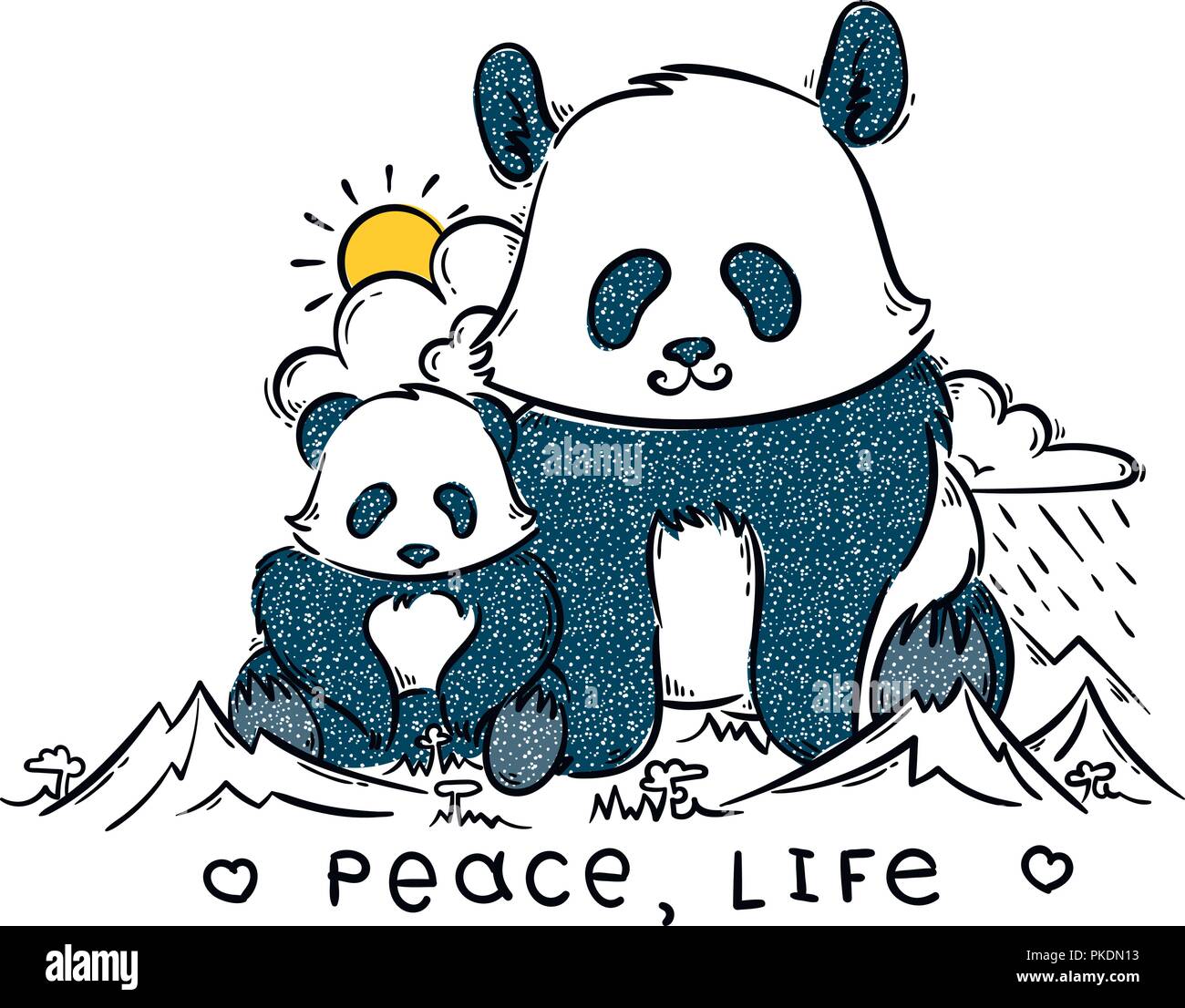 Frieden, Leben. Vektor große und kleine Panda in den Bergen. Vector ...