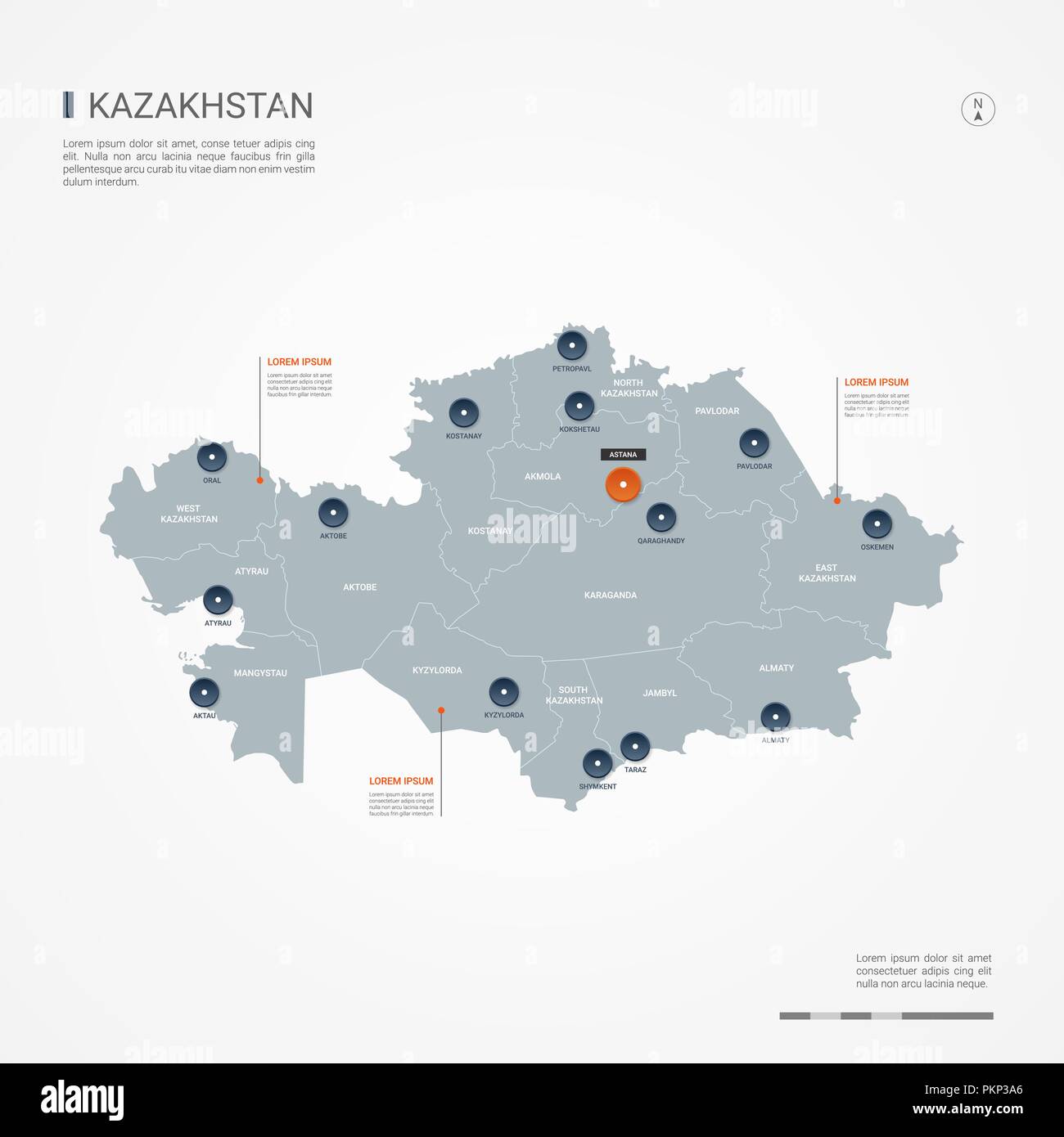 Kasachstan Karte mit Grenzen, Städte-, Kapital- und administrativen ...