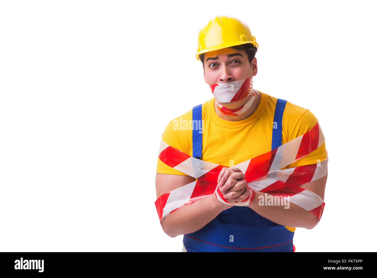 Lustige Arbeitnehmer Schutzanzüge tragen mit Klebeband Stockfotografie ...