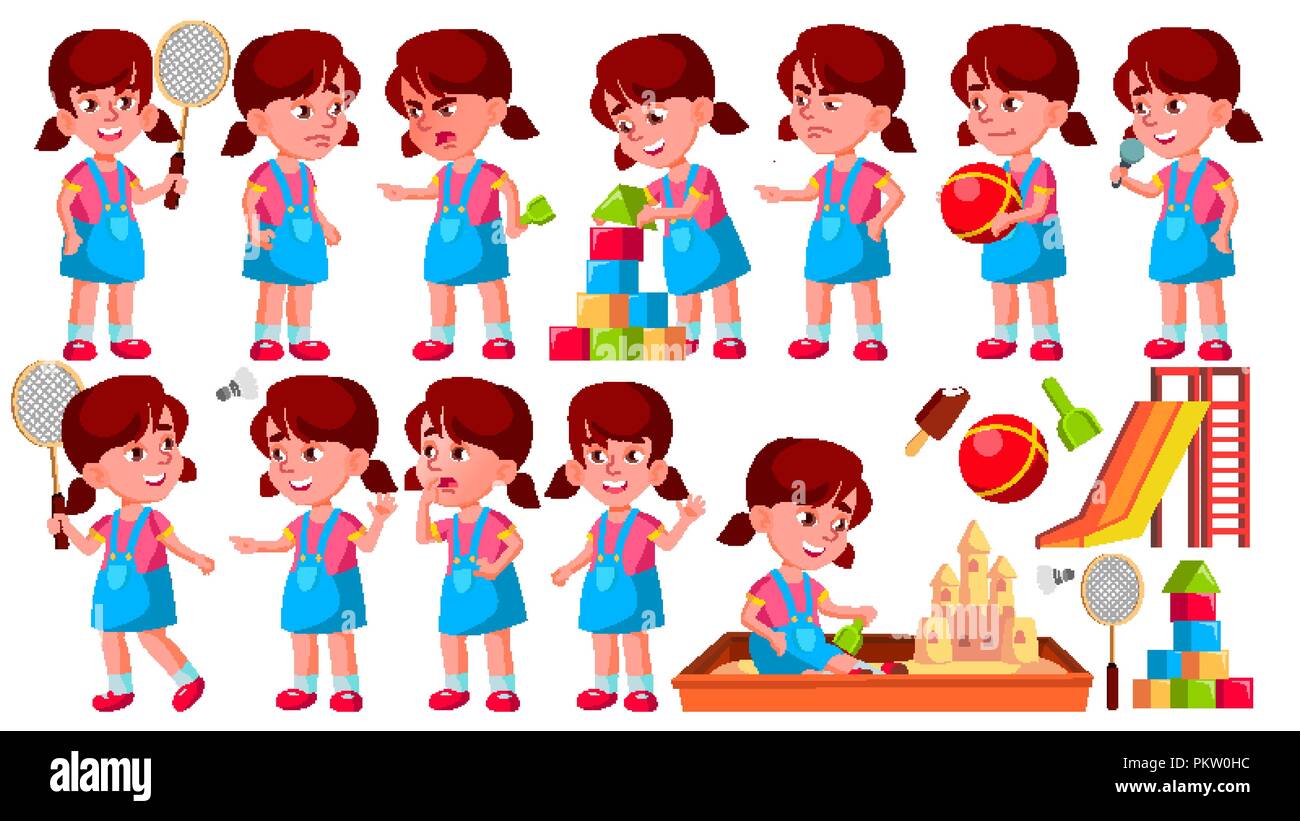 Mädchen Kindergarten Kind stellt ein Vektor. Die Vorschule. Junge ...