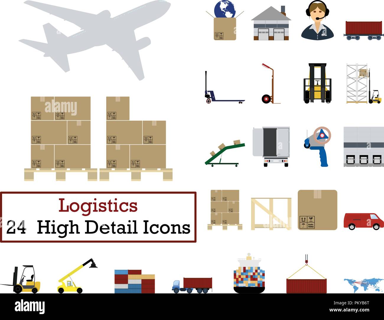 Satz von 24 Logistik Symbole. Flache Farbgestaltung. Vector ...