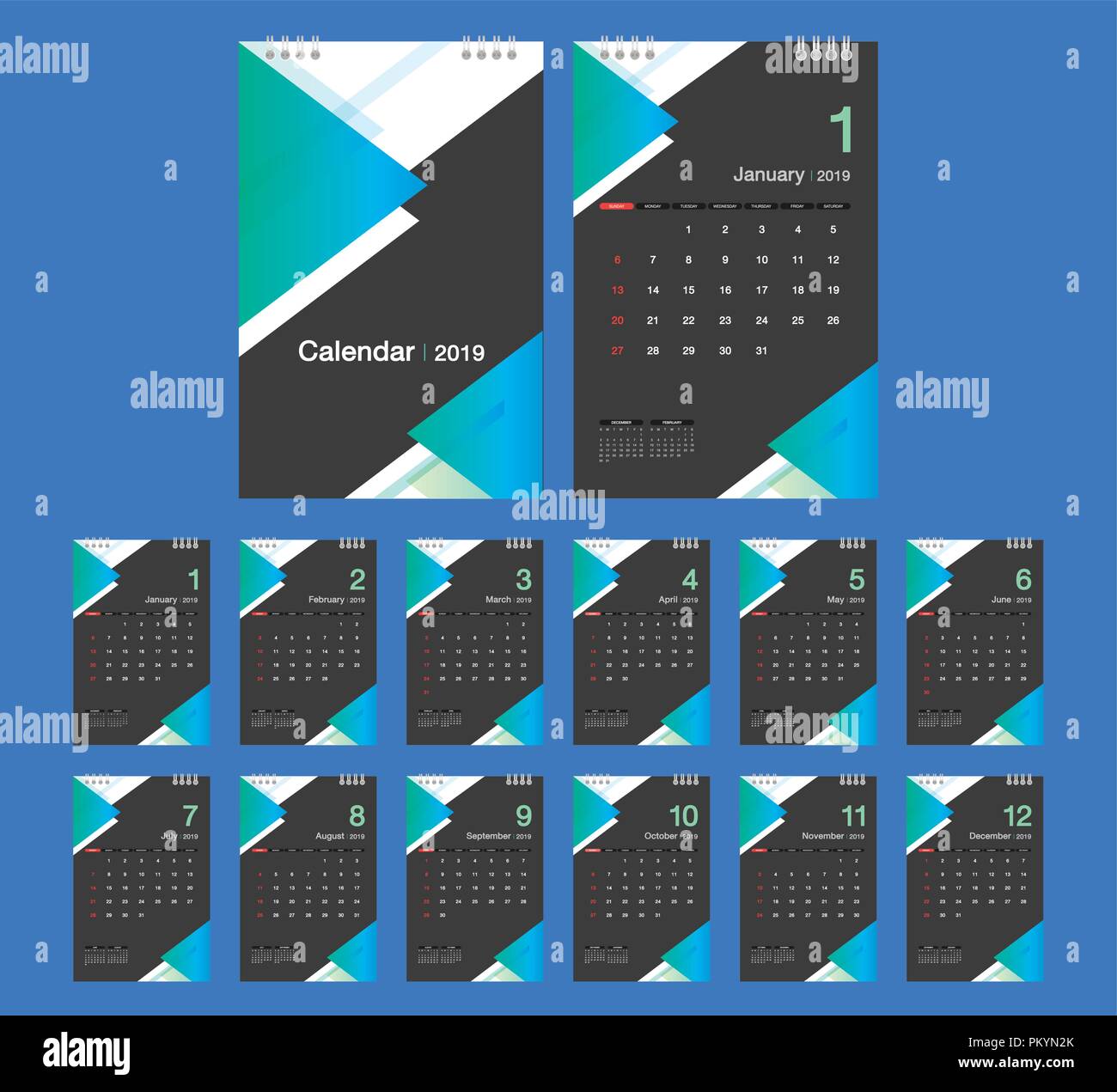 2019 Kalender. Kalender modernes Design vorlage. Woche beginnt Sonntag ...