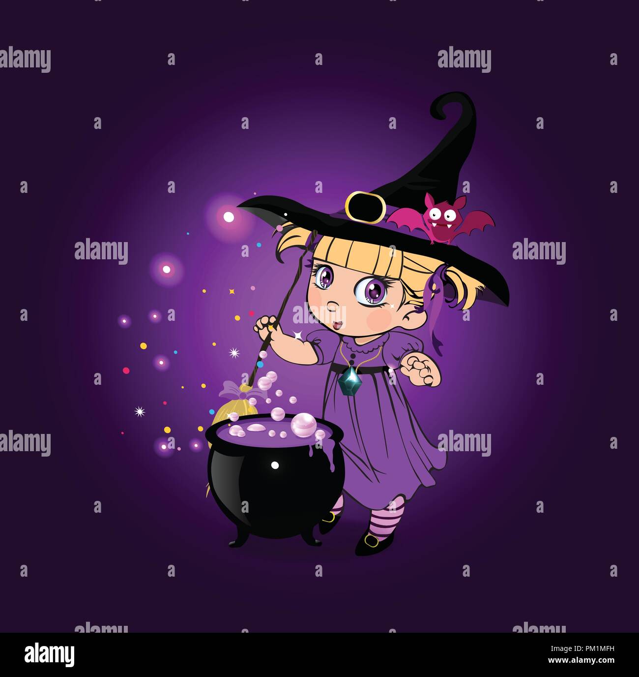 Vektor cartoon halloween Abbildung: Kawaii kleine Hexe Mädchen in ...