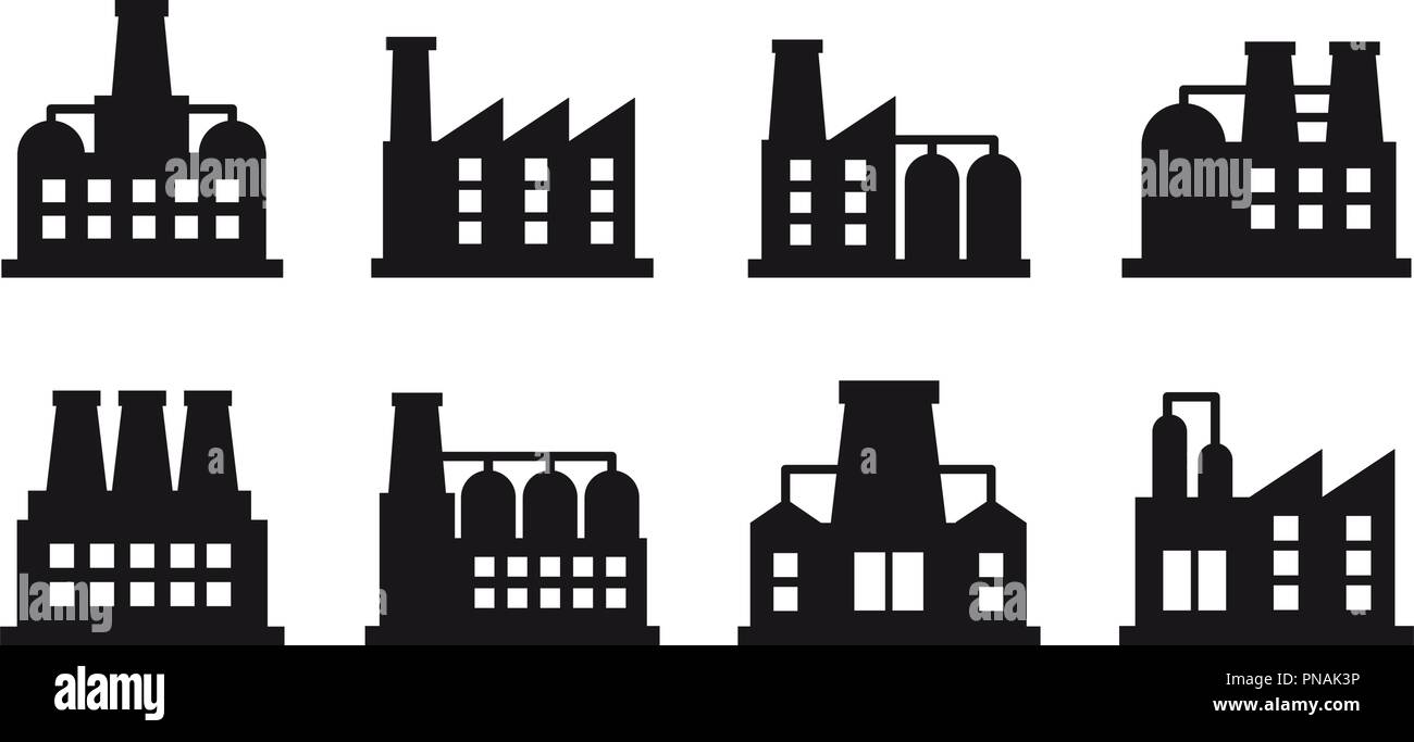 Vektor einrichten der industriellen Gebäude- und Werk Symbol und ...