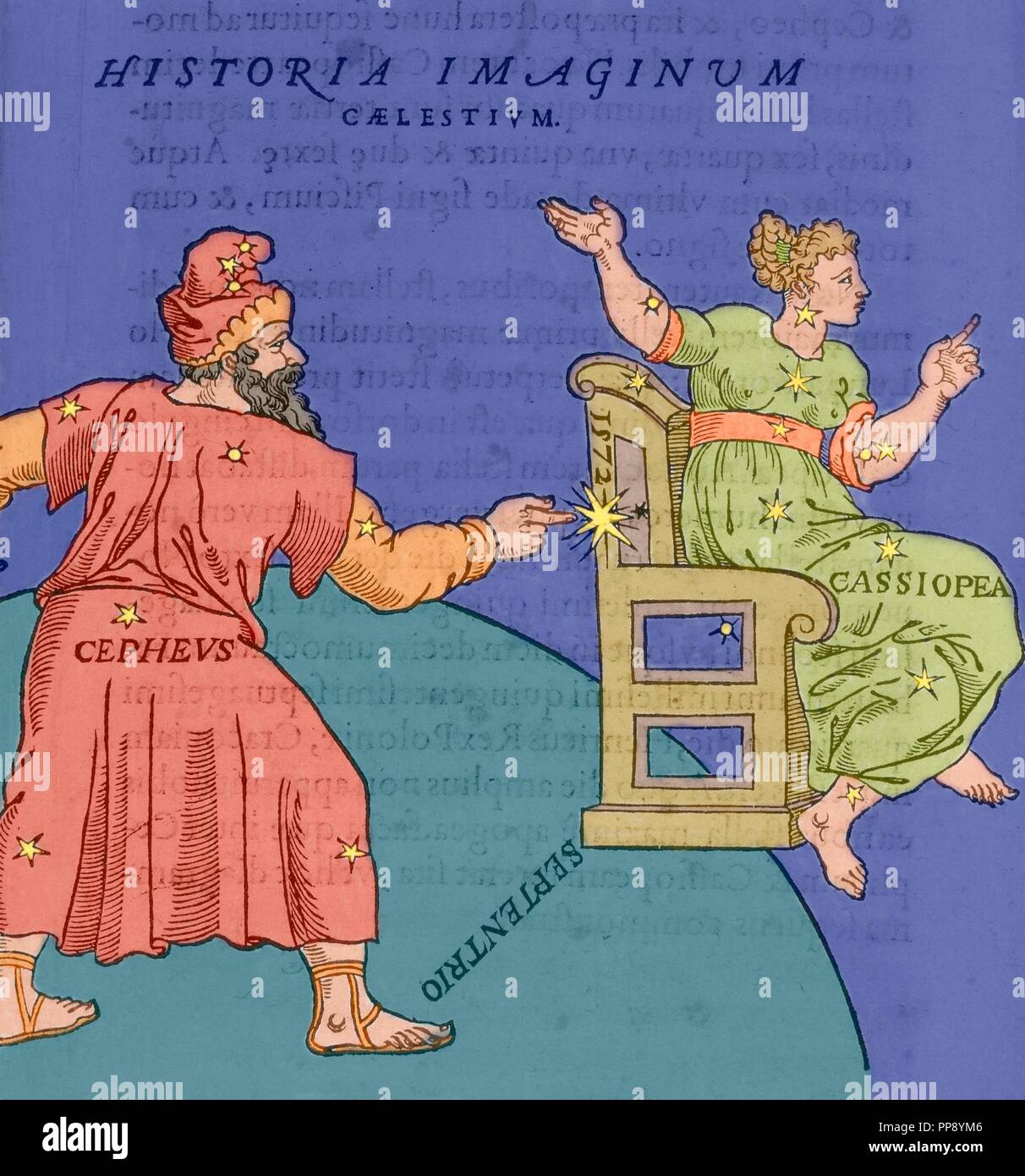 Sternbildern Kassiopeia und Kepheus. Gravur. Farbige Stockfotografie ...