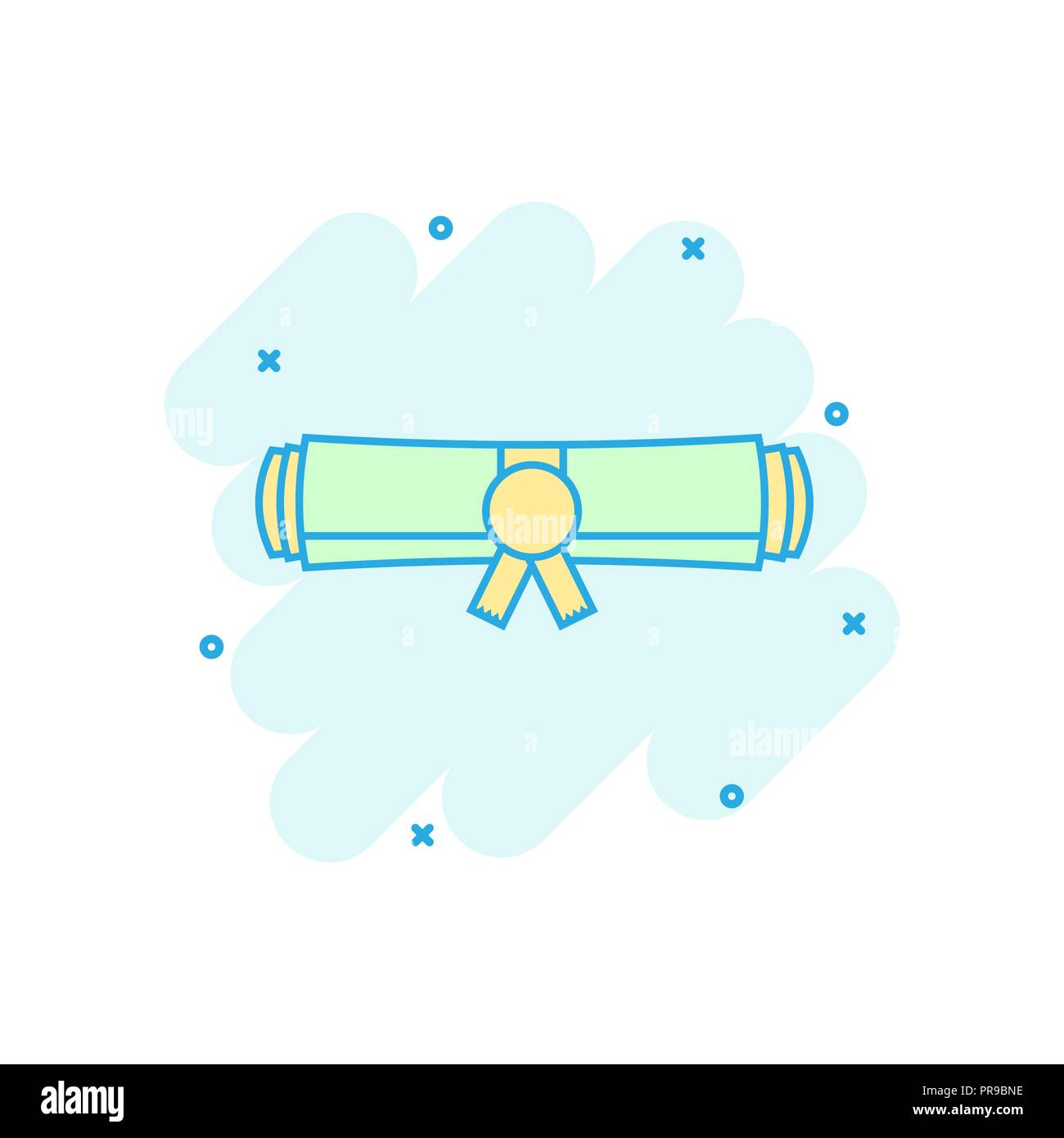 Cartoon farbige Diplom gerollt Bildlaufsymbol im Comic-stil. Absolvent ...