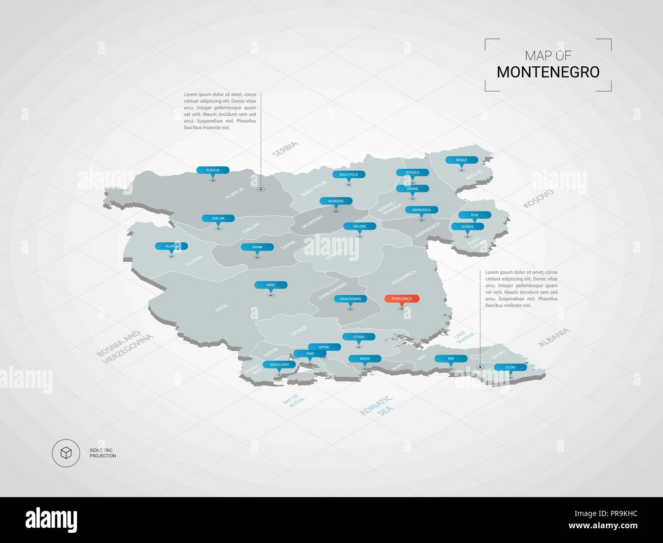 Isometrische 3D-Montenegro Karte. Stilisierte Vektorkarte Abbildung mit ...
