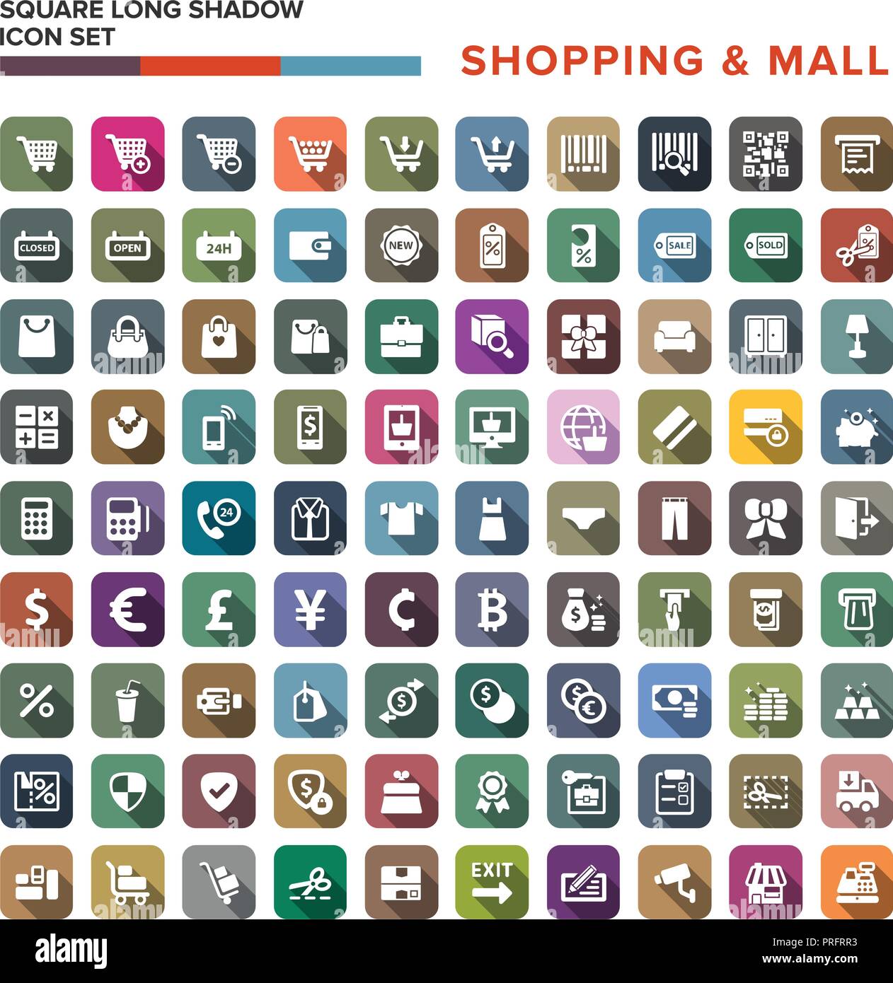 Shopping Mall Symbole mit langen Schatten isolierte Gruppe, Vector ...