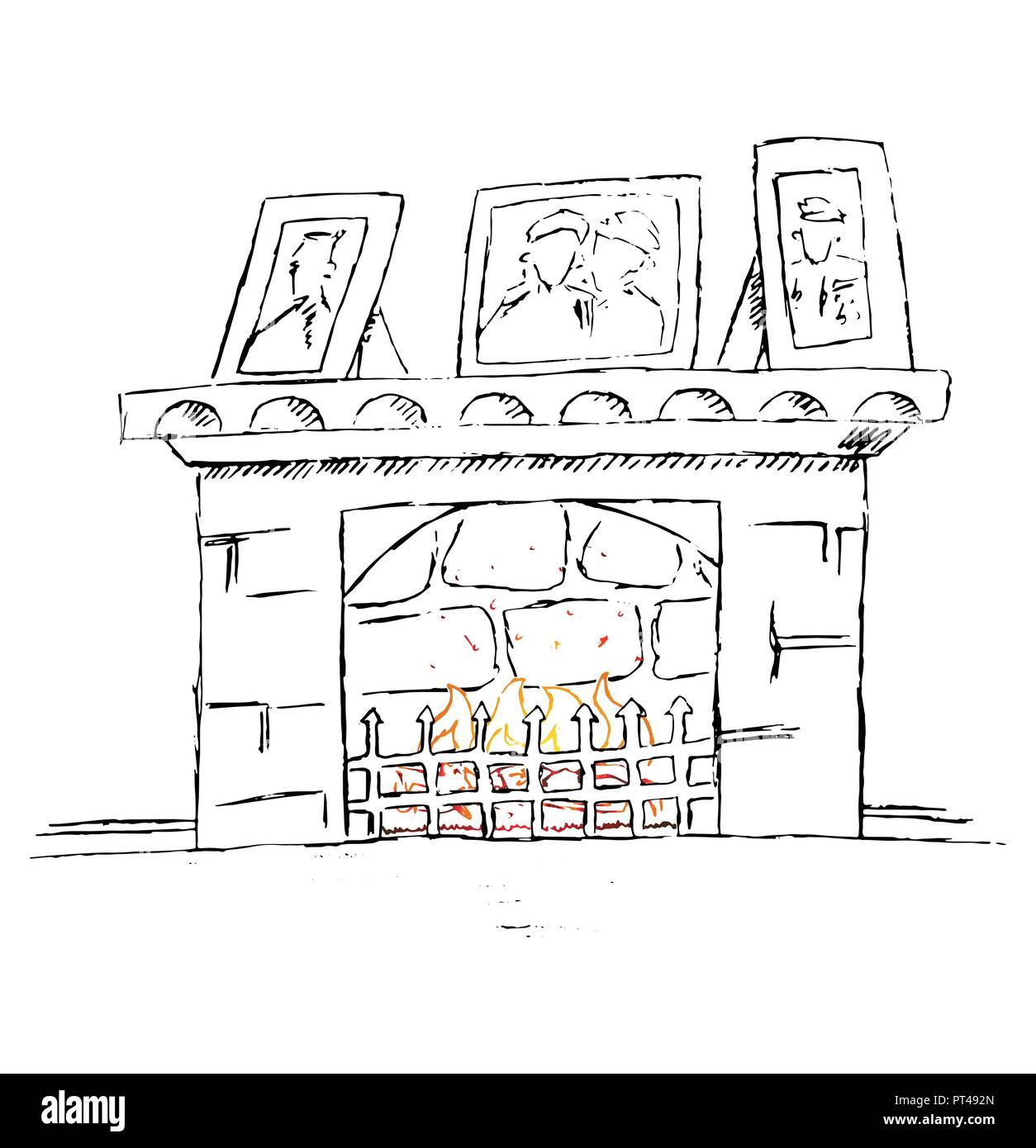 Hand gezeichnet Vektor Kamin. Doodle Cartoon Illustration Stock ...