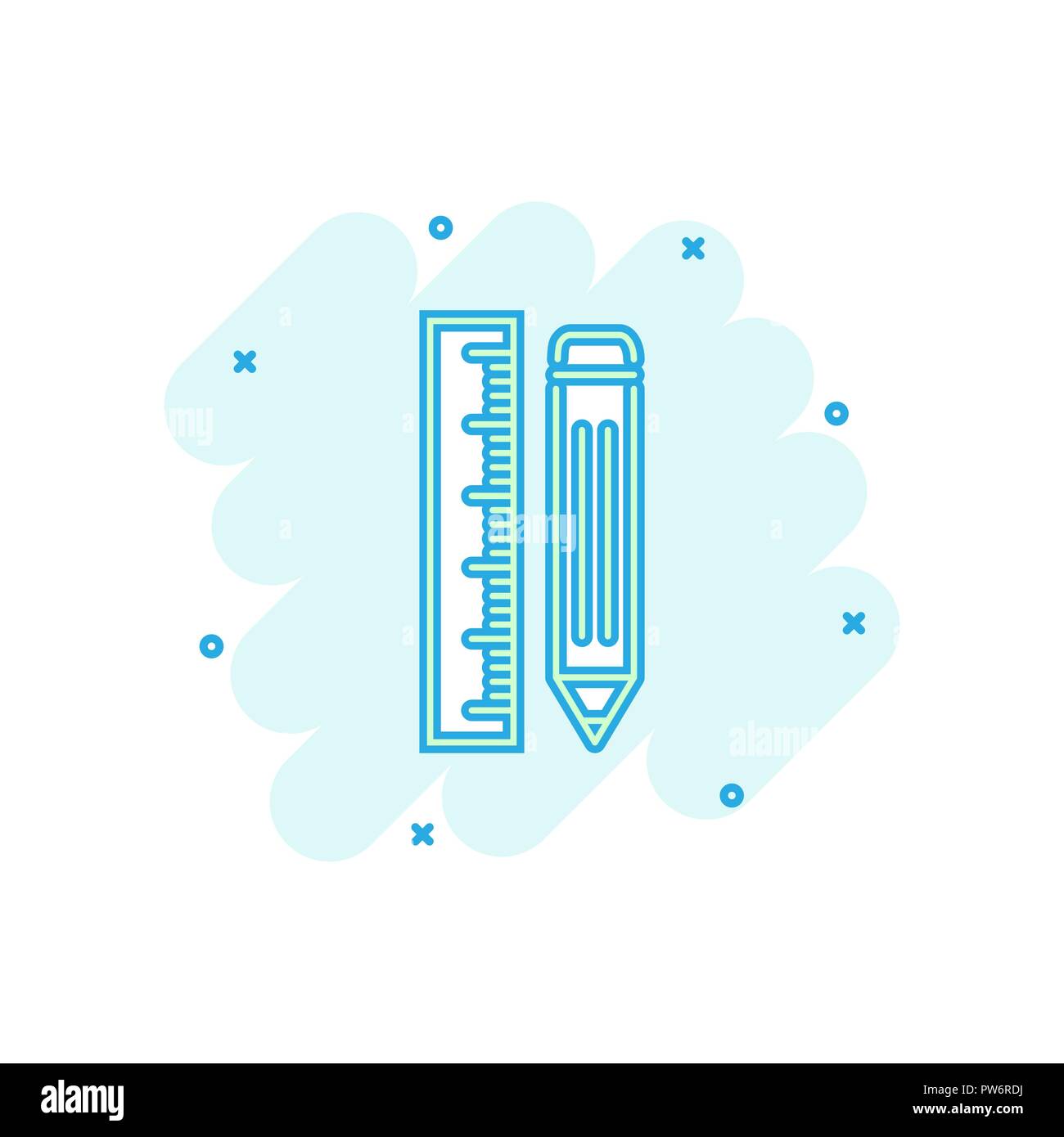 Vektor cartoon Bleistift mit Lineal im Comic-stil. Lineal meter Zeichen ...